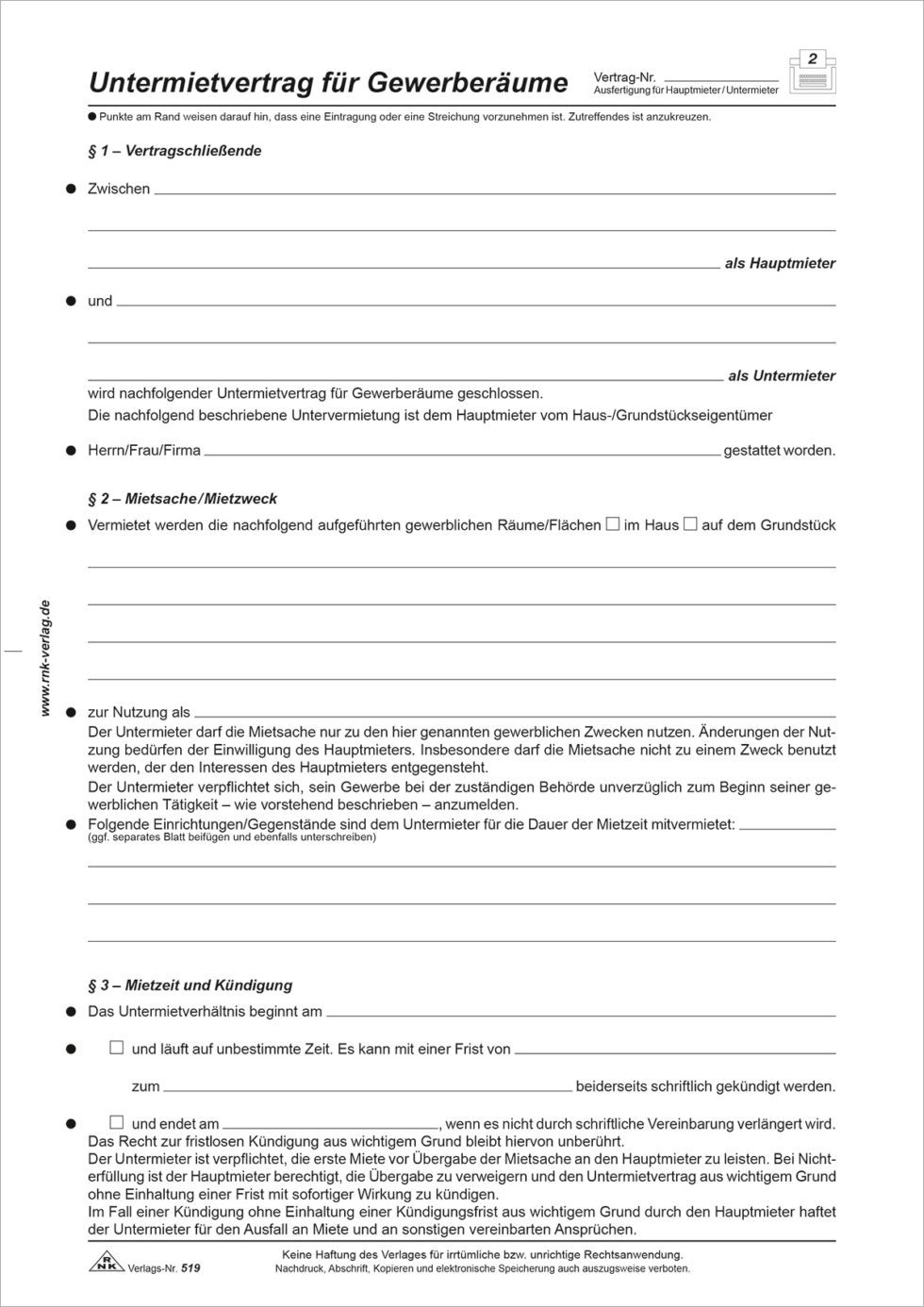 Untermietvertrag für Gewerberaum | RNK Verlag