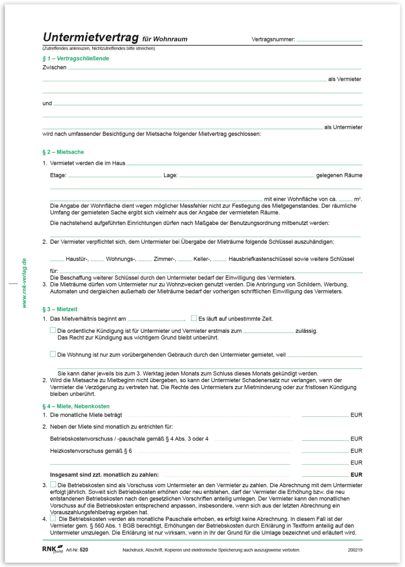 Untermietvertrag für Wohnraum, Wohnung und Zimmer - RNK Verlag