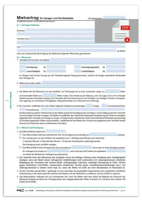 Mietvertrag für Garagen | RNK Verlag